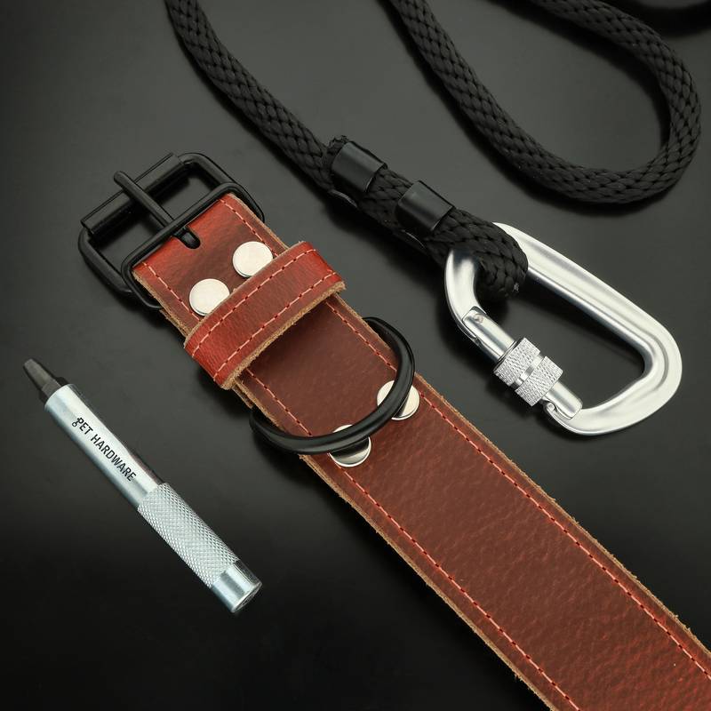 Leather Collar in Cognac Color with Black Hardware and Rope Leash | Pet ...